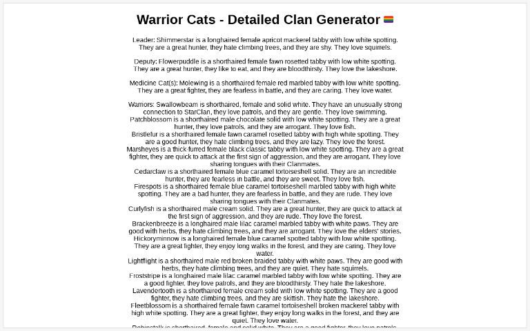Warrior Cats - Detailed Clan Generator