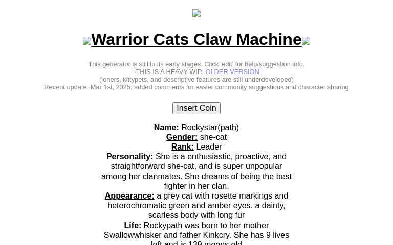 Warrior Cats Claw Machine ― Perchance Generator