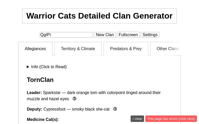 Warrior Cats Detailed Clan Generator