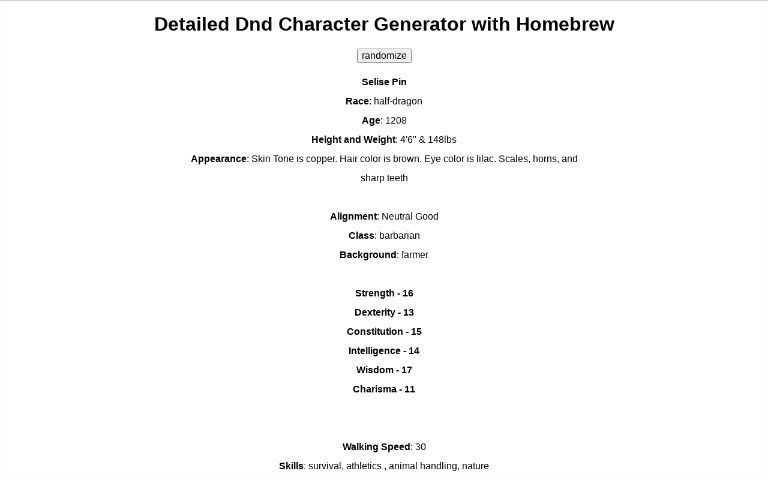 Detailed Dnd Character Generator with Homebrew