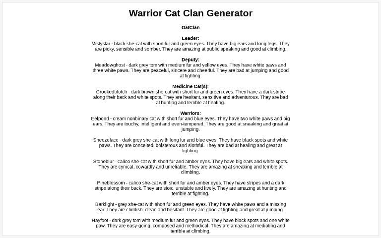 Warrior Cat Clan Generator