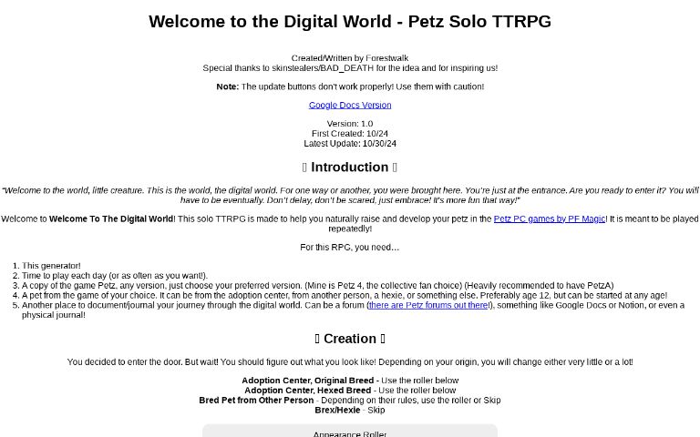 Welcome to the Digital World - Petz Solo TTRPG ― Perchance Generator