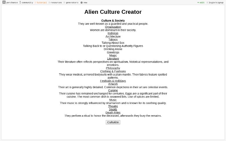 Alien Culture Creator ― Perchance Generator