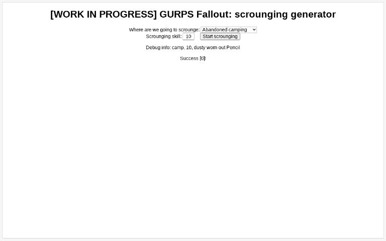 [WORK IN PROGRESS] GURPS Fallout: scrounging generator