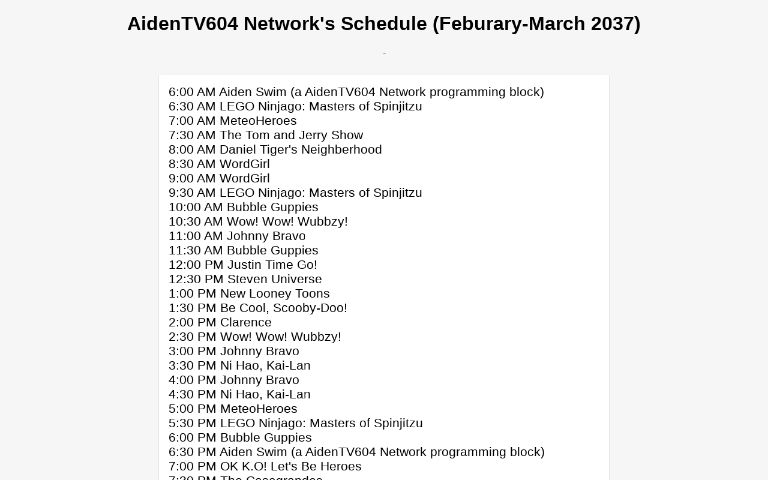 AidenTV604 Network's Schedule (Feburary-March 2037) ― Perchance Generator
