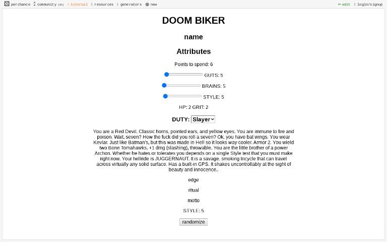 DOOM BIKER ― Perchance Generator