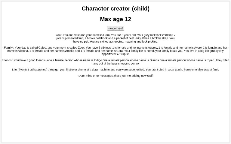 Charactor creator (child) ― Perchance Generator