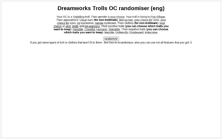 Dreamworks Trolls OC randomiser (eng) ― Perchance Generator