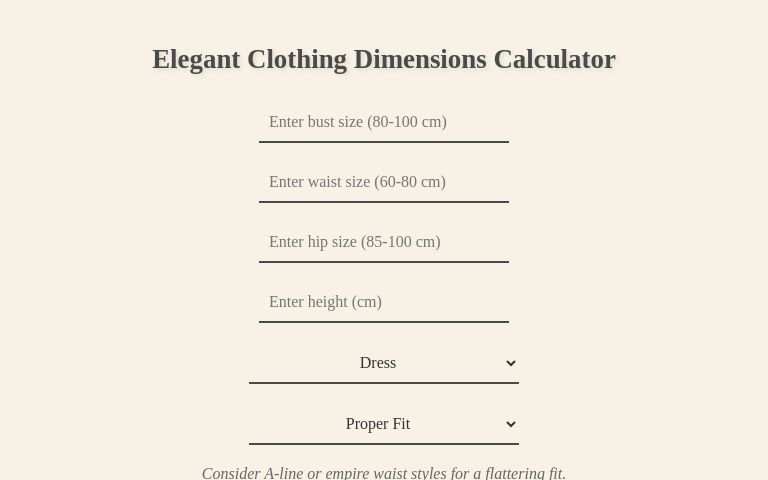 Elegant Clothing Dimensions Calculator ― Perchance Generator