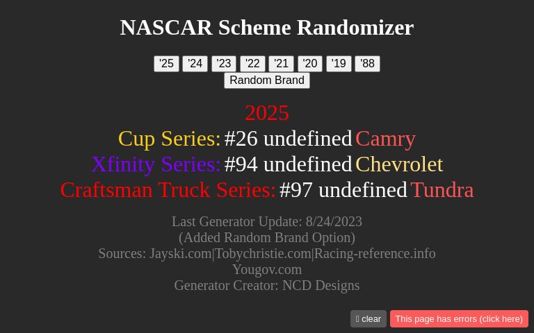 NASCAR Scheme Randomizer ― Perchance Generator