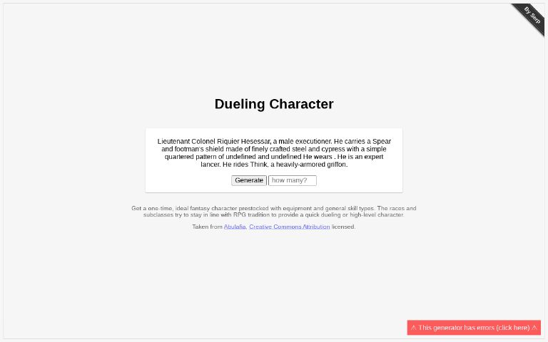 Dueling Character ― Perchance Generator