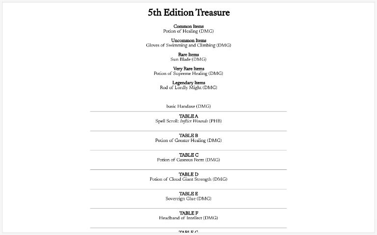 5th Edition Treasure ― Perchance Generator