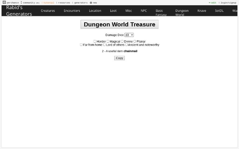 Dungeon World Treasure ― Perchance Generator