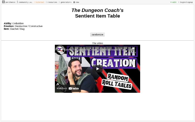 The Dungeon Coach'sSentient Item Table ― Perchance Generator