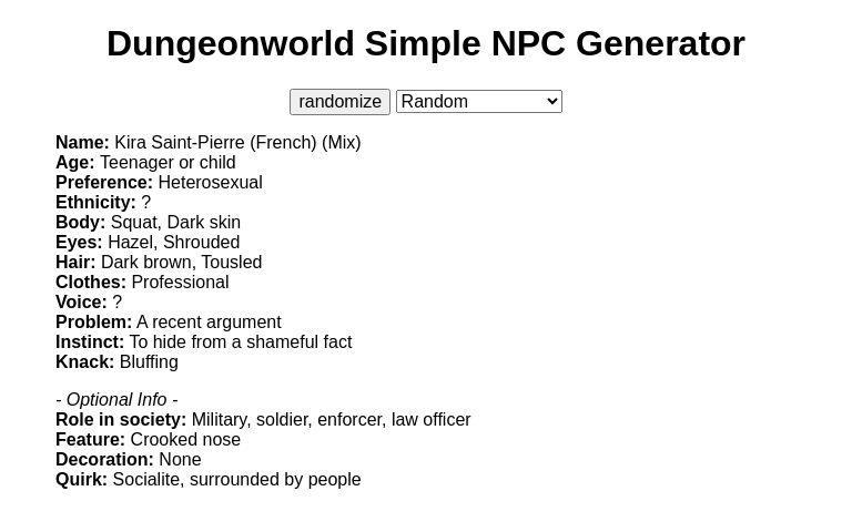 Dungeonworld Simple NPC Generator