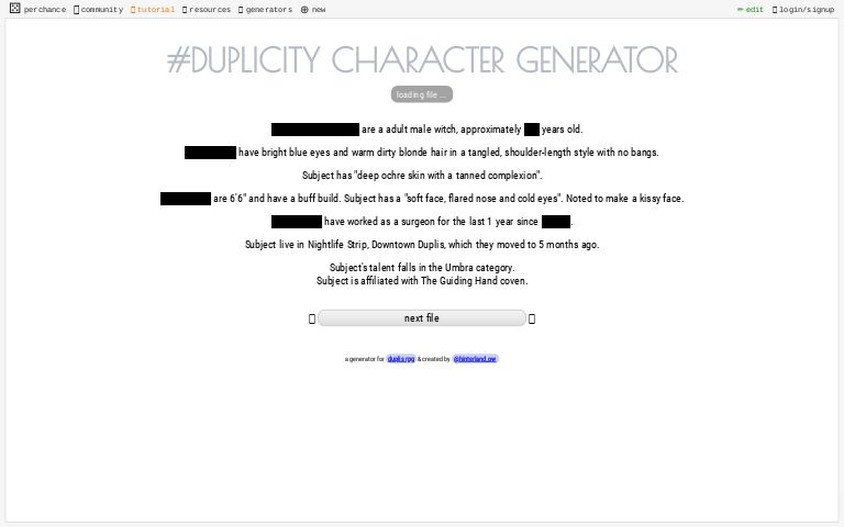 #DUPLICITY CHARACTER GENERATOR