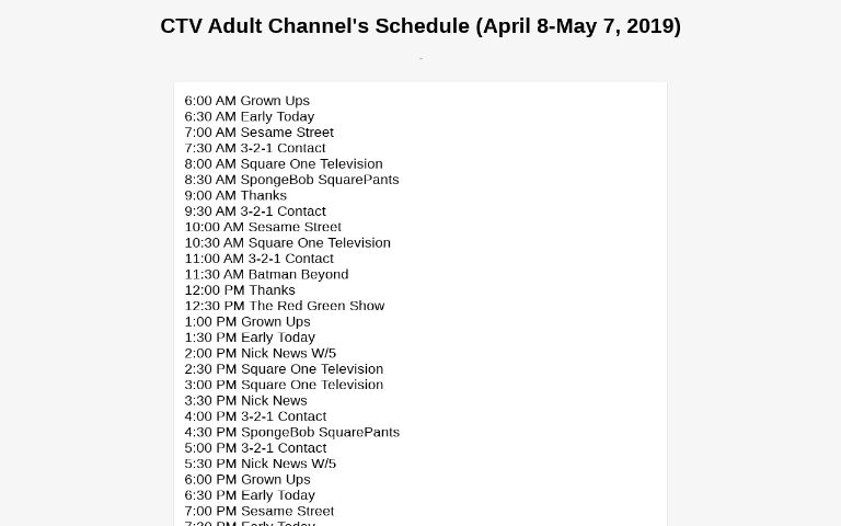 CTV Adult Channel's Schedule (April 8-May 7, 2019) ― Perchance Generator