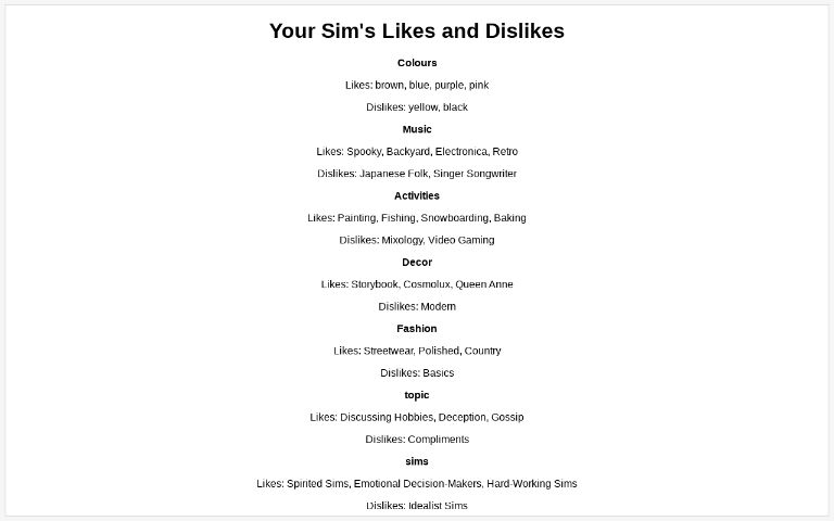 Your Sim's Likes and Dislikes ― Perchance Generator