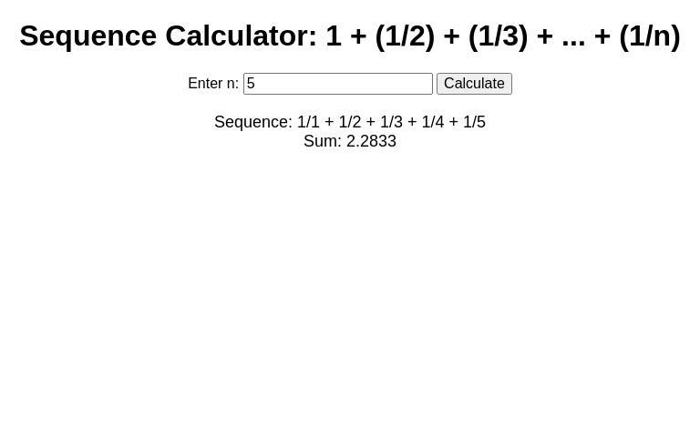 Sequence Calculator: 1 + (1/2) + (1/3) + ... + (1/n) ― Perchance Generator