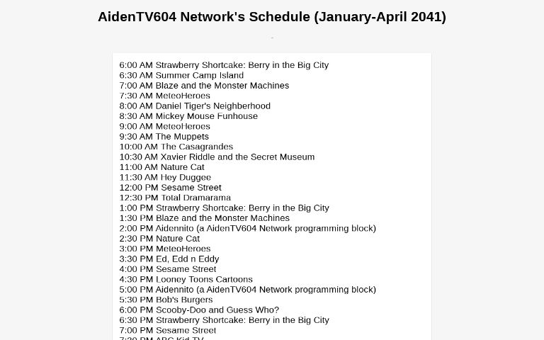 AidenTV604 Network's Schedule (January-April 2041) ― Perchance Generator