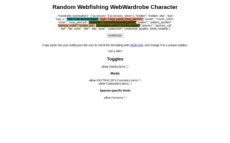 Random Webfishing WebWardrobe Character ― Perchance Generator