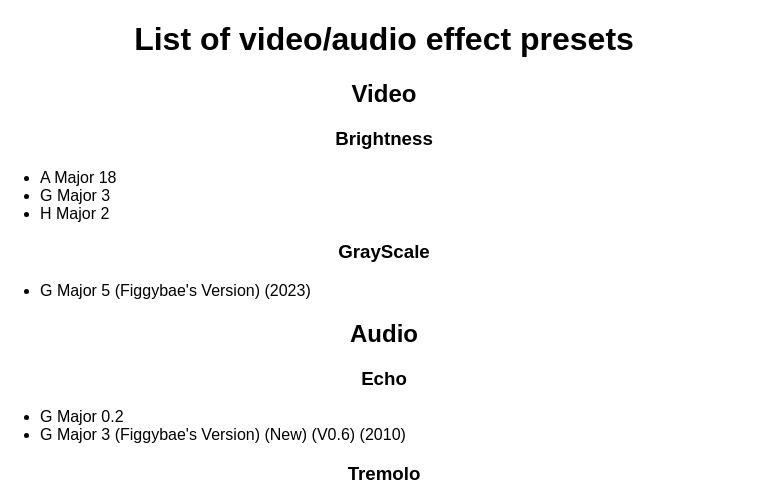 List of video/audio effect presets ― Perchance Generator