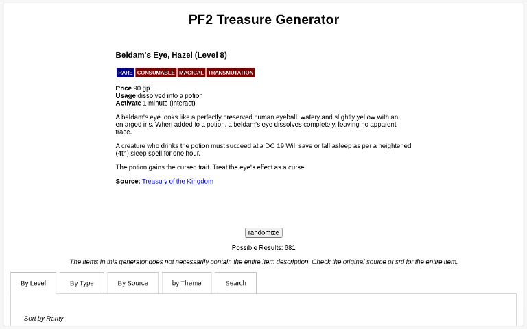 PF2 Treasure Generator