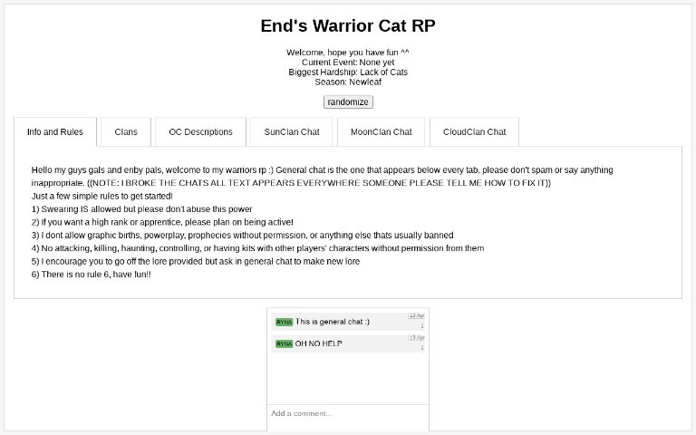 End's Warrior Cat RP ― Perchance Generator