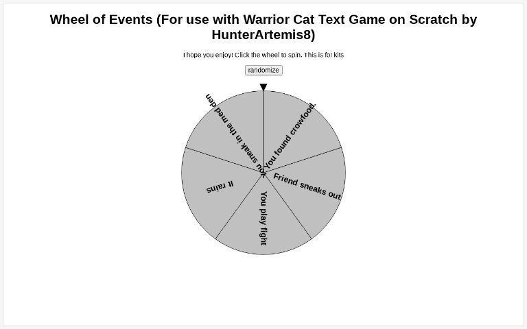 Wheel of Events (For use with Warrior Cat Text Game on Scratch by HunterArtemis8) ― Perchance ...