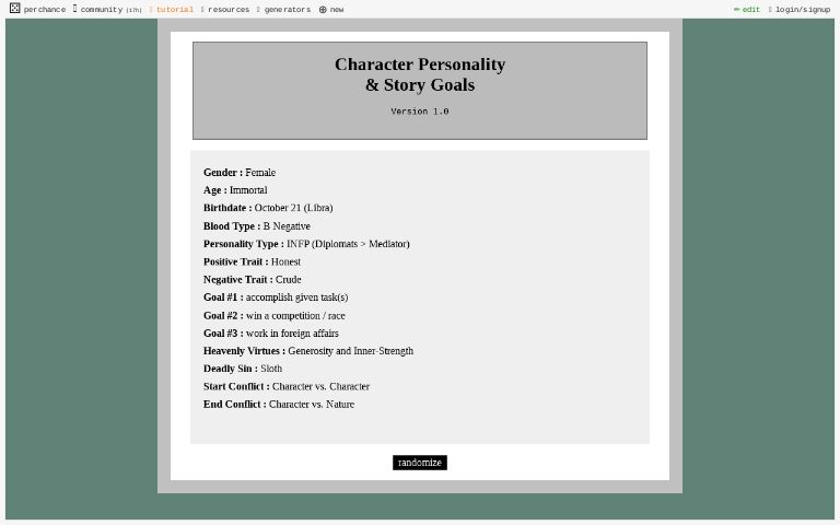 Character Personality & Story Goals ― Perchance Generator