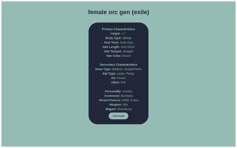 female orc gen (exile) ― Perchance Generator