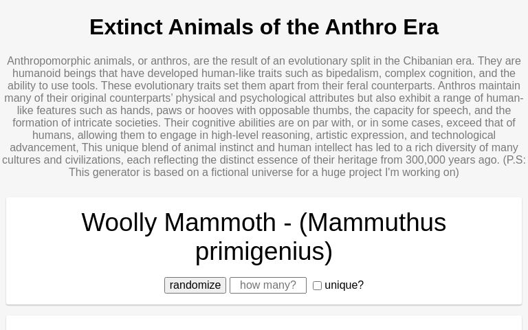 Extinct Animals of the Anthro Era ― Perchance Generator