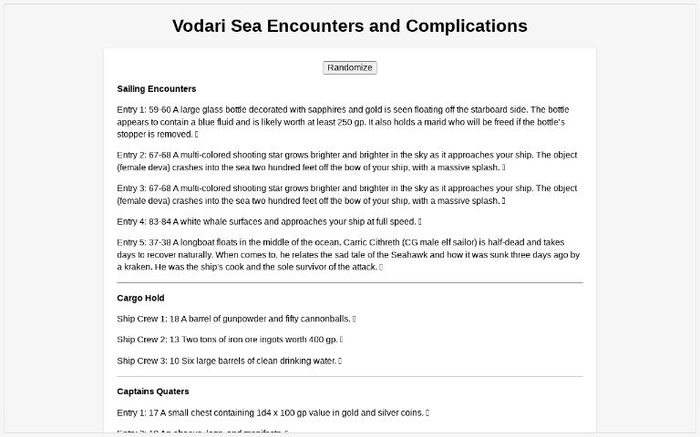 Vodari Sea Encounters and Complications ― Perchance Generator