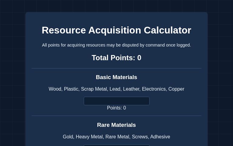 Resource Acquisition Calculator ― Perchance Generator