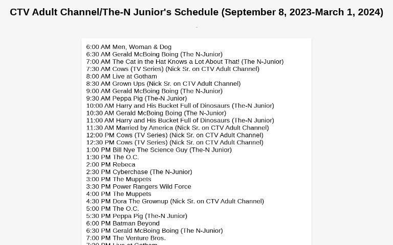 CTV Adult Channel/The-N Junior's Schedule (September 8, 2023-March 1 ...