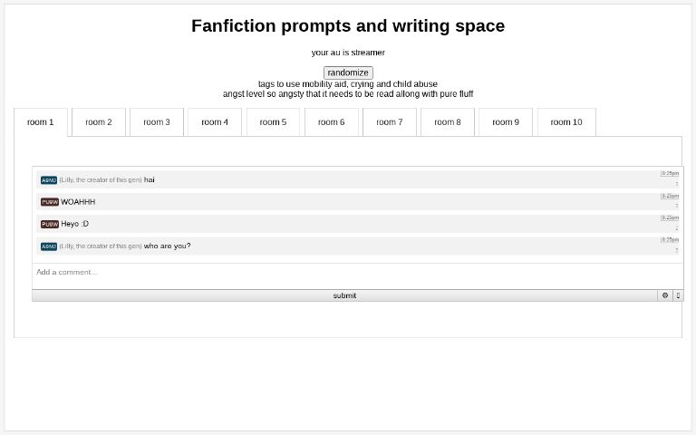 Fanfiction prompts and writing space ― Perchance Generator