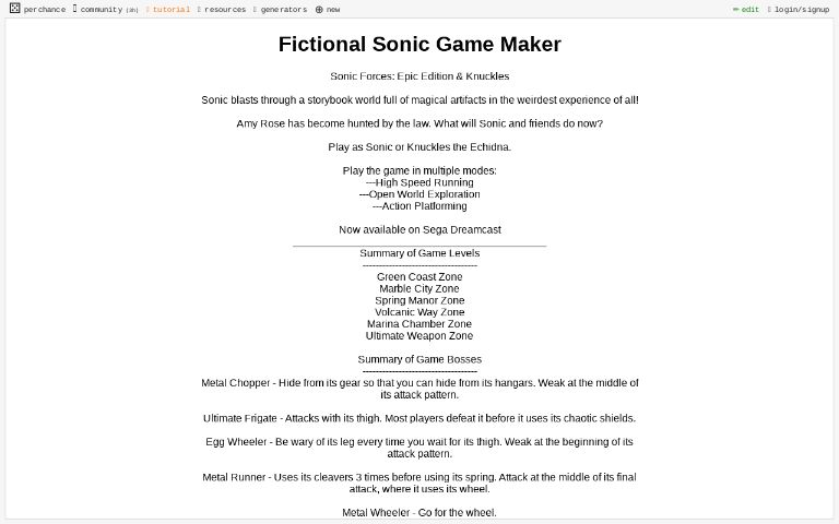 Fictional Sonic Game Maker ― Perchance Generator