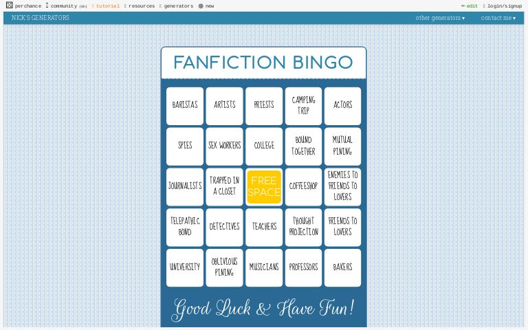 Fanfiction Bingo ― Perchance Generator
