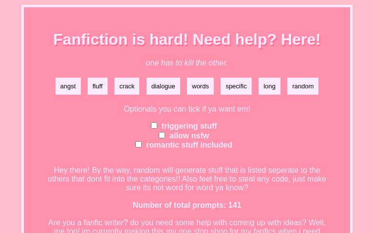 Fanfiction is hard! Need help? Here! ― Perchance Generator