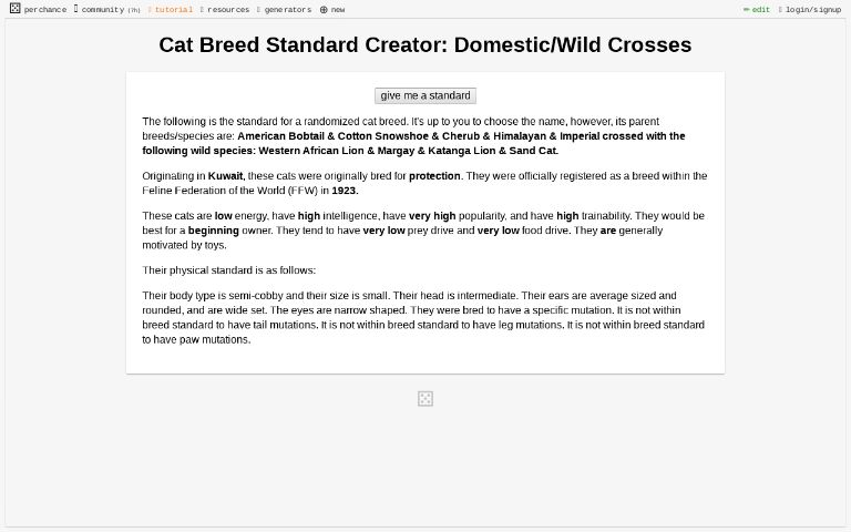 Cat Breed Standard Creator: Domestic/Wild Crosses ― Perchance Generator