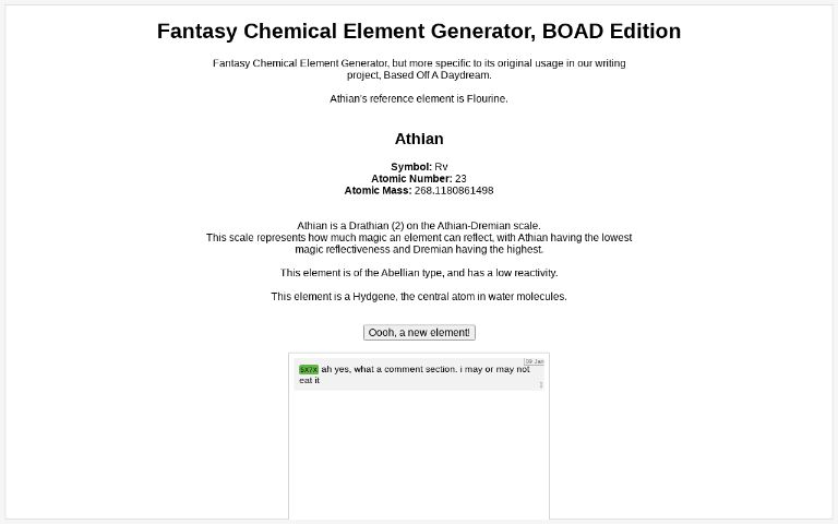 Fantasy Chemical Element Generator, BOAD Edition