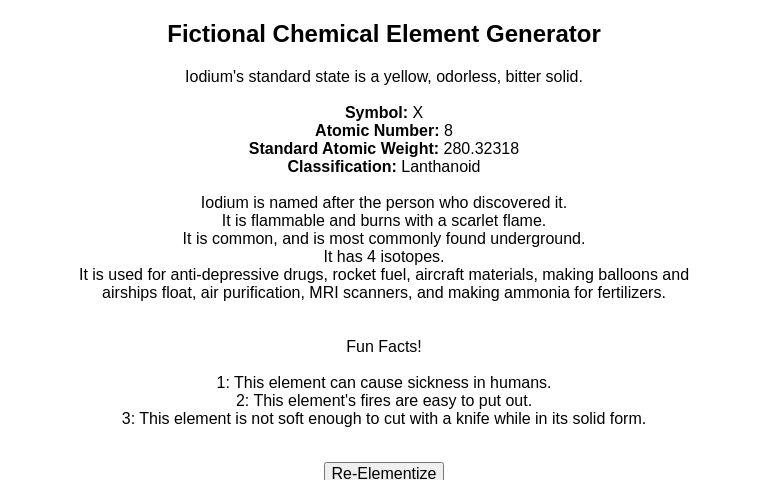 Fictional Chemical Element Generator