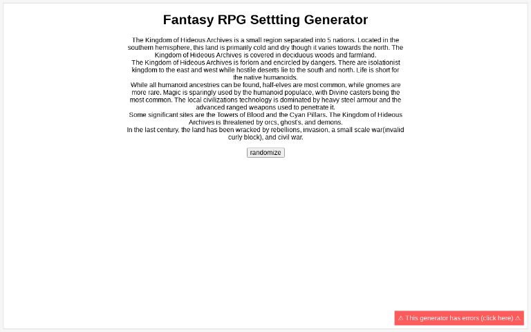 Fantasy RPG Settting Generator