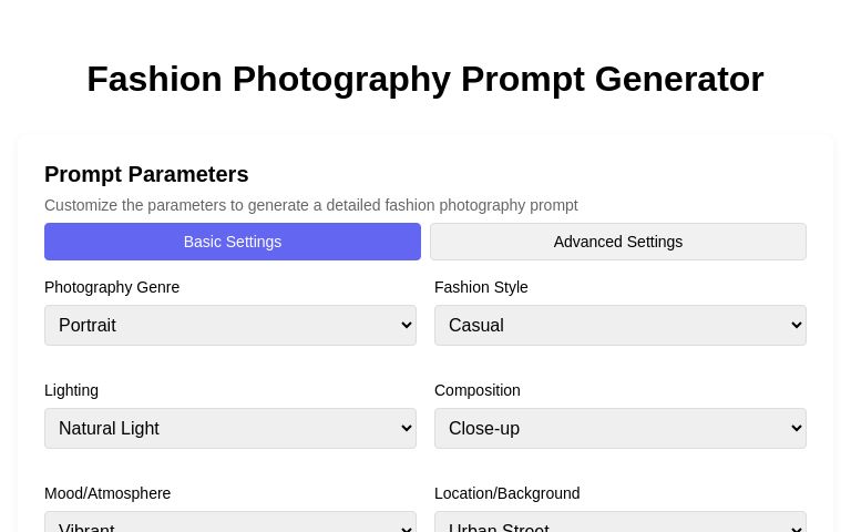 Fashion Photography Prompt Generator