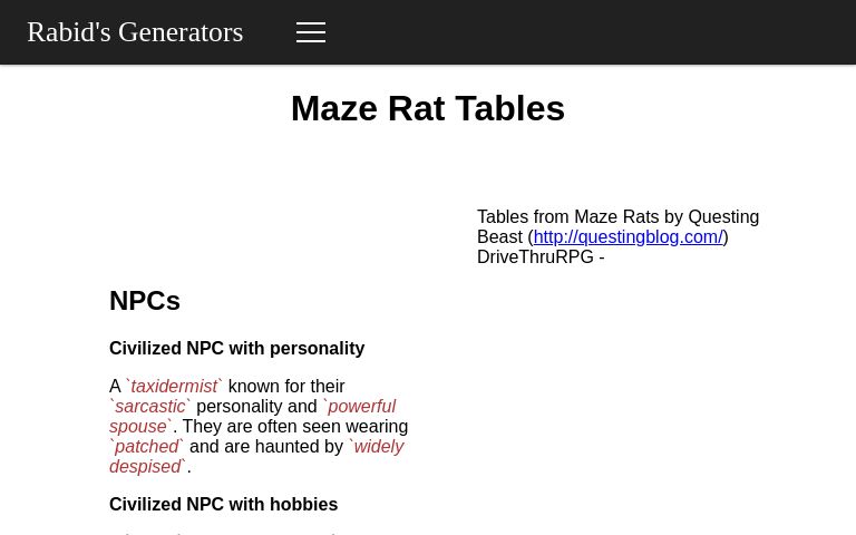 Maze Rat Tables ― Perchance Generator