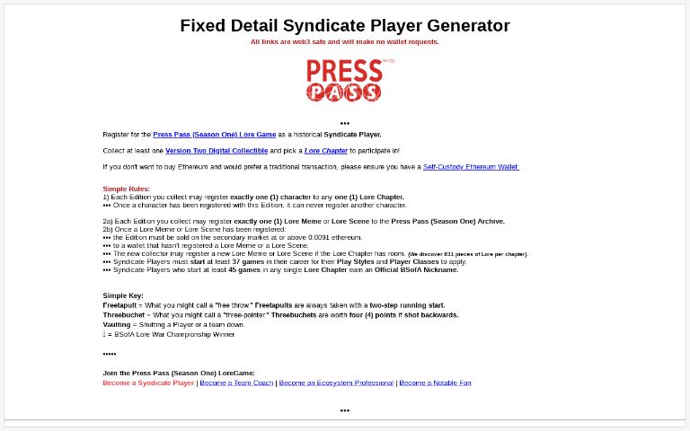 Fixed Detail Syndicate Player Generator
