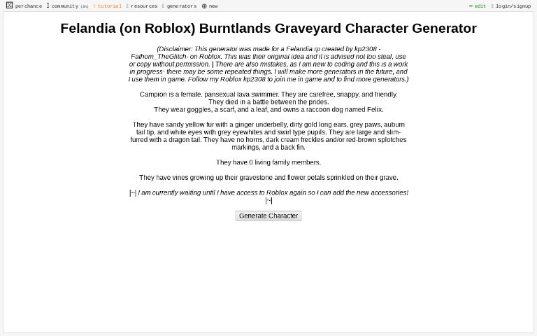 Felandia (on Roblox) Burntlands Graveyard Character Generator