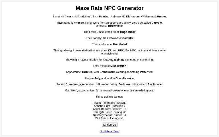 Maze Rats NPC Generator