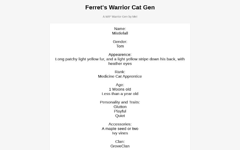 Ferret's Warrior Cat Gen