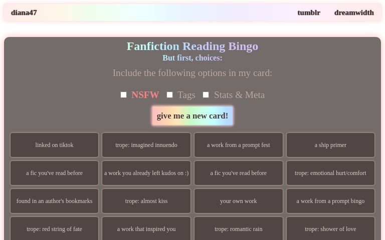 Fanfic Reading Bingo ― Perchance Generator